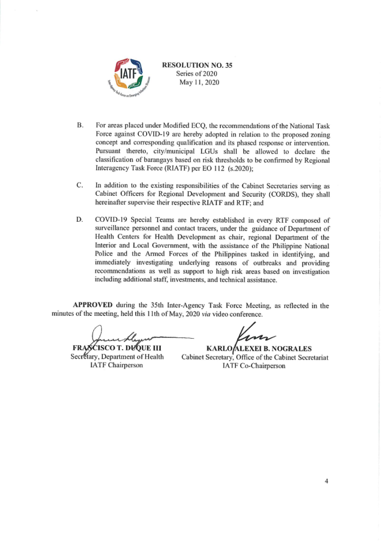 IATF Resolution No. 35 on low-risk, moderate risk and high-risk ...