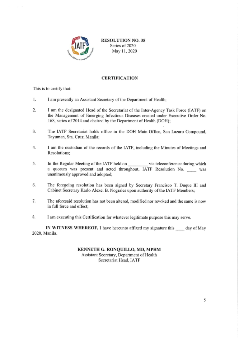 IATF Resolution No. 35 on low-risk, moderate risk and high-risk ...